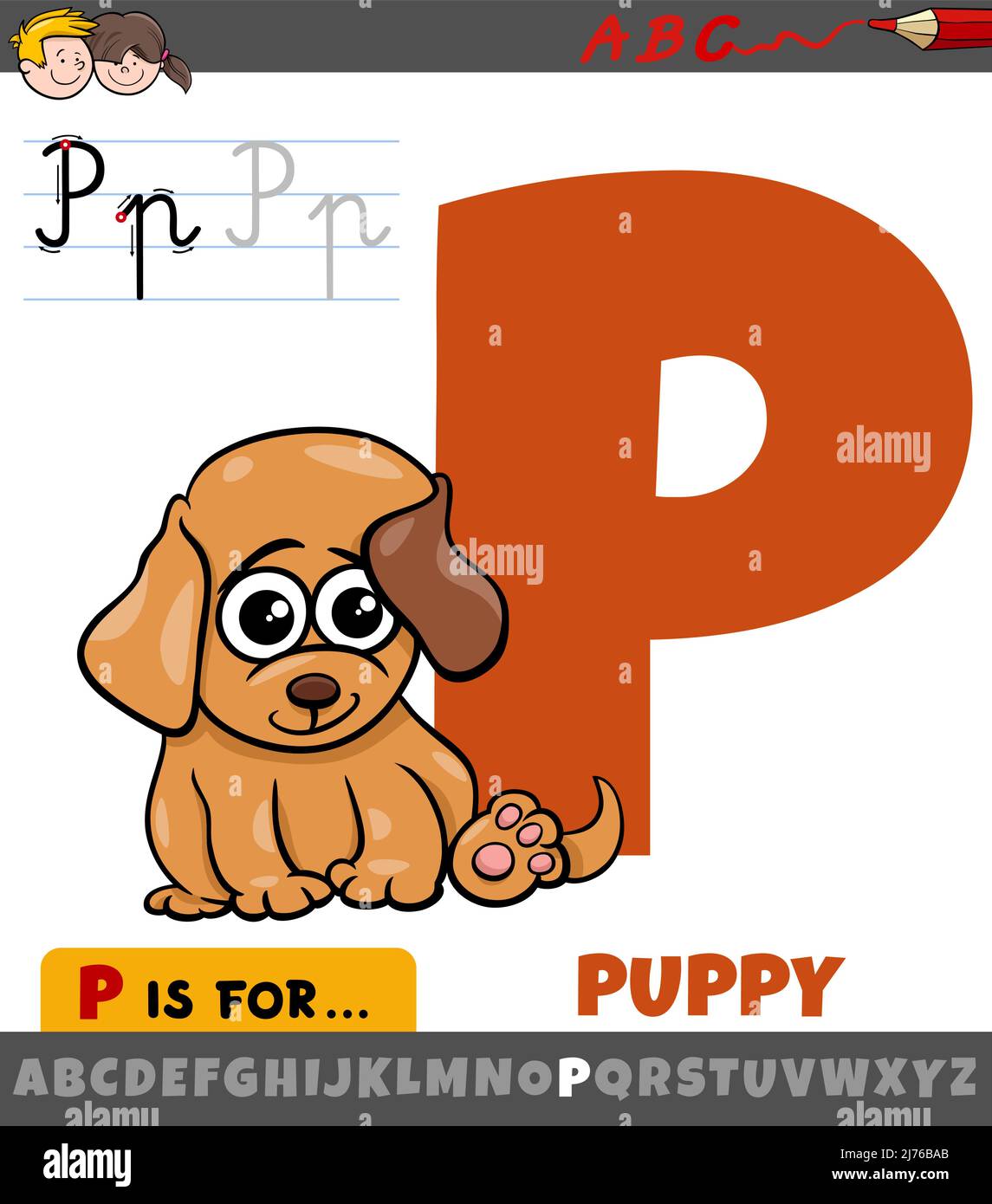 Educational cartoon illustration of letter P from alphabet with little ...