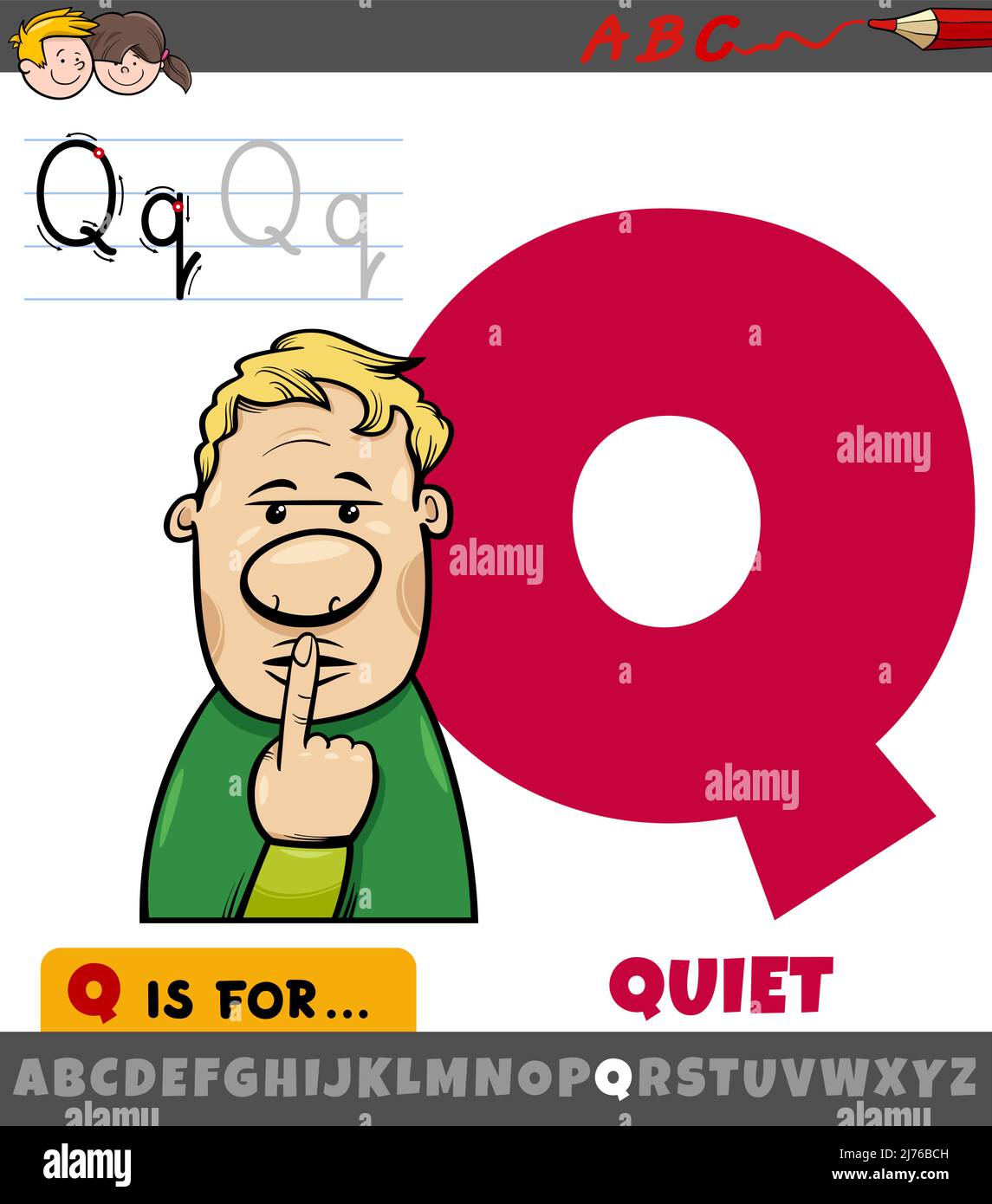 Educational cartoon illustration of letter Q from alphabet with quiet ...