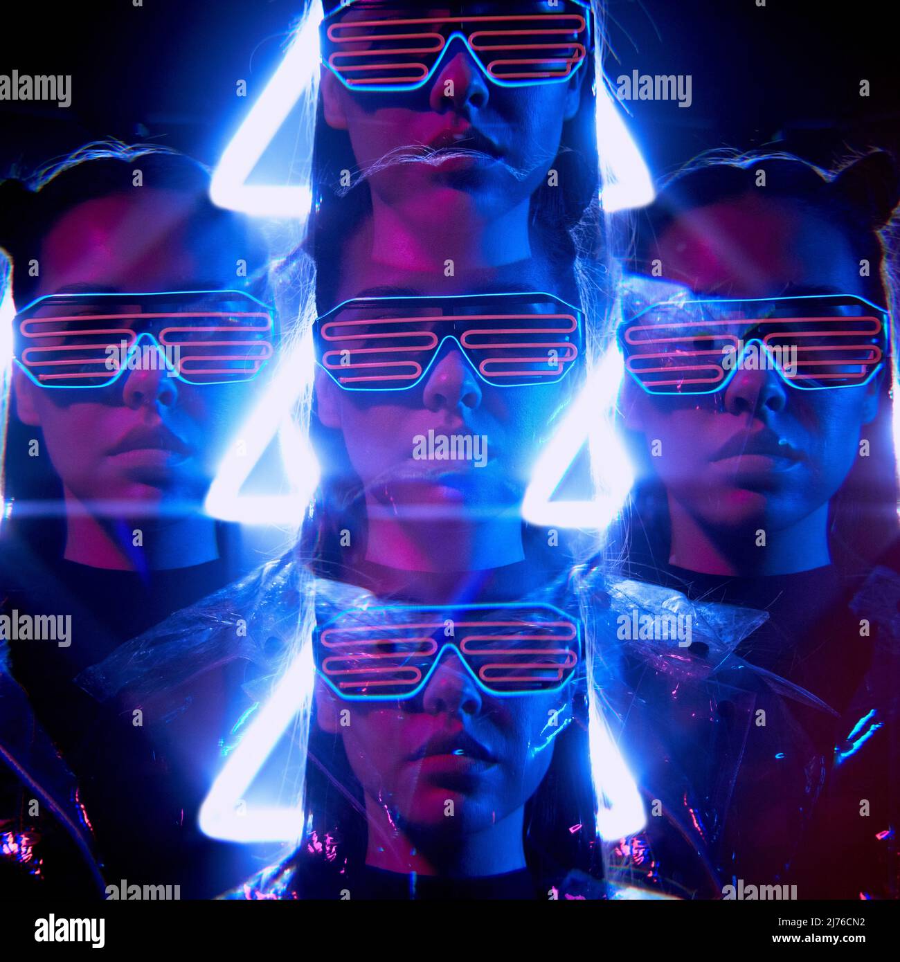Neon multi-composition of young cyber woman in flashing LED goggles in ...