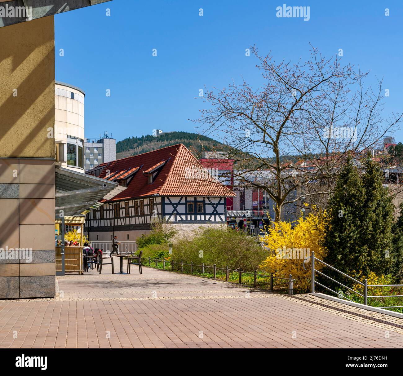 Germany, Suhl, view from the Congress Centrum to the Weapons Museum. In the background, the ...
