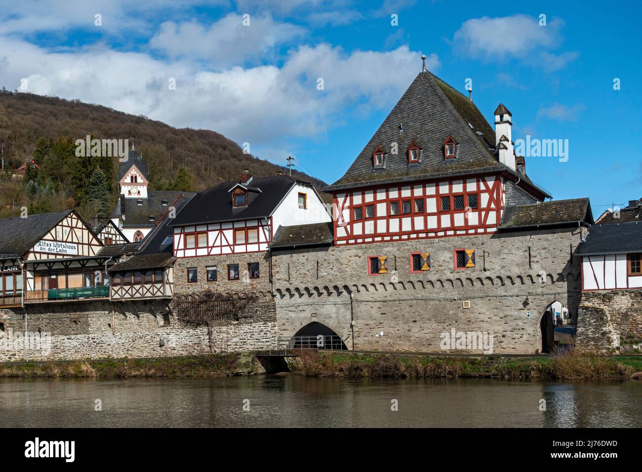 Germany, Dausenau, town wall and half-timbered houses of Dausenau on ...