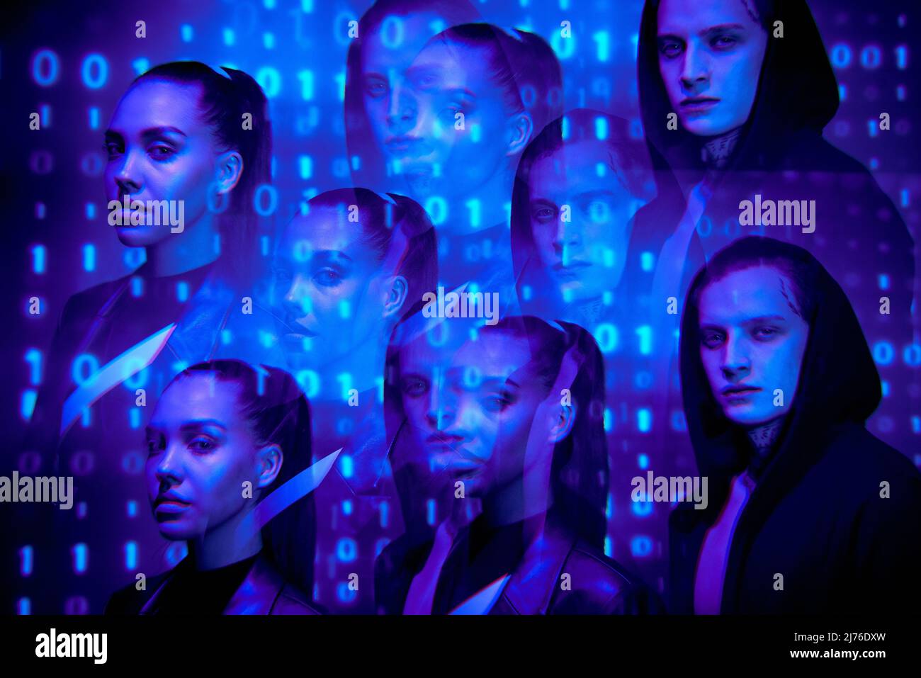 Repeating young cyber people with dark makeup standing against binary ...