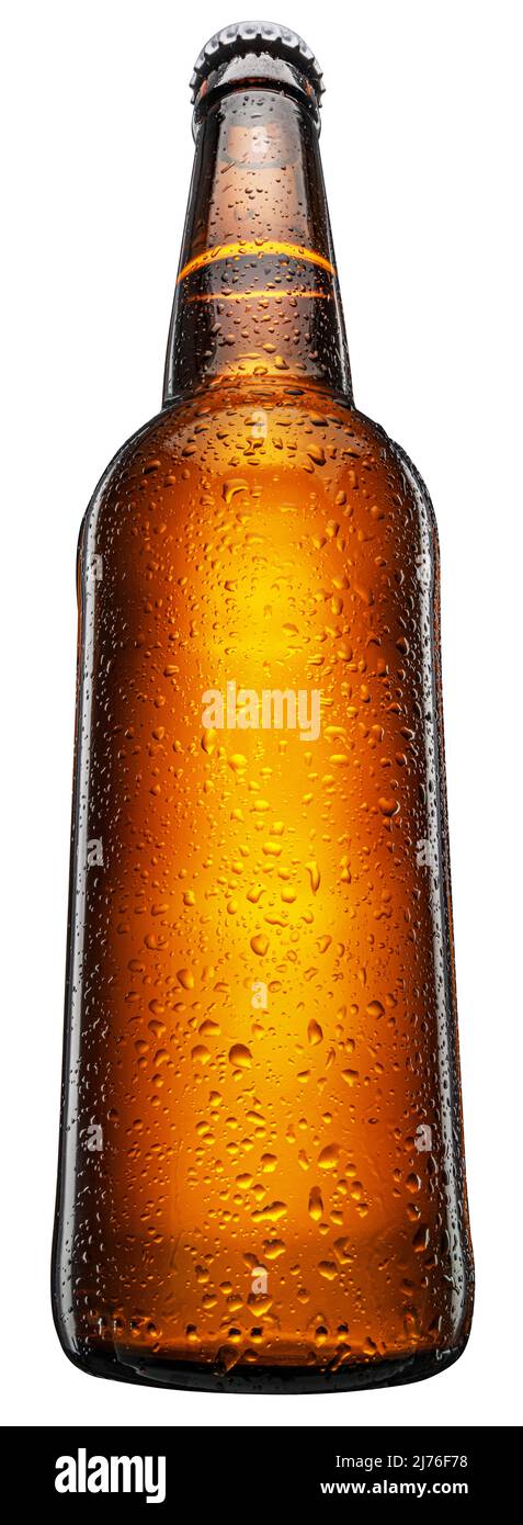 Bottle of cold beer with condensation isolated on a white background ...
