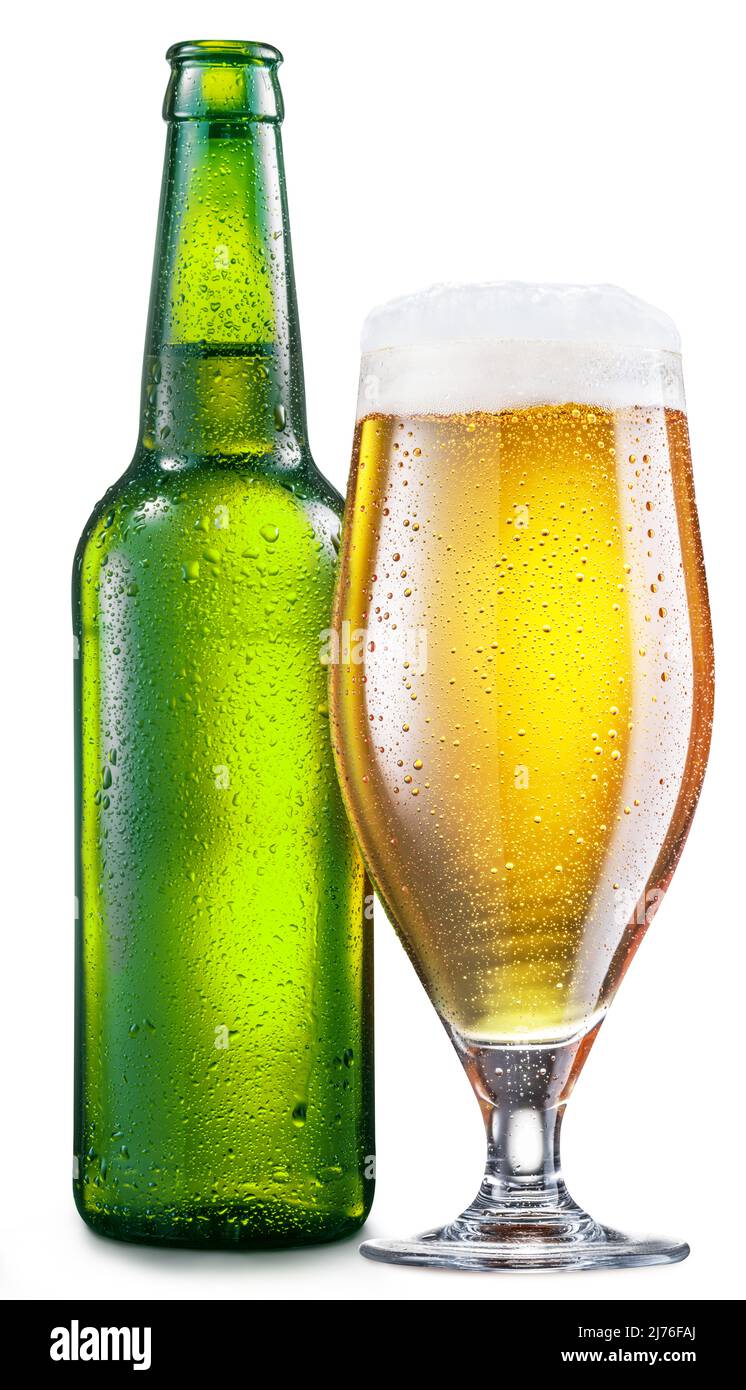 Bottle of cold light beer and glass of beer isolated on a white ...