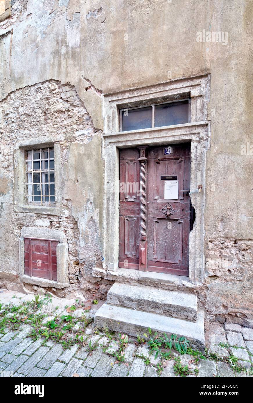 front door, window, barred, house front, village view, autumn ...