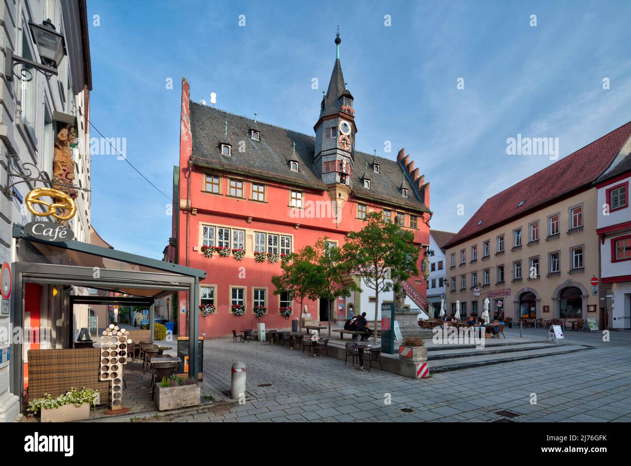New town hall, slate roof, house facade, flower decoration, town view ...