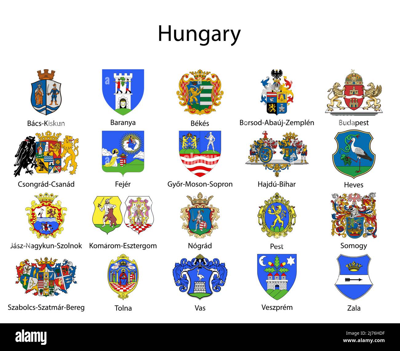 Set Coat of arms of the state of Hyngary, All Hungarian regions emblem ...