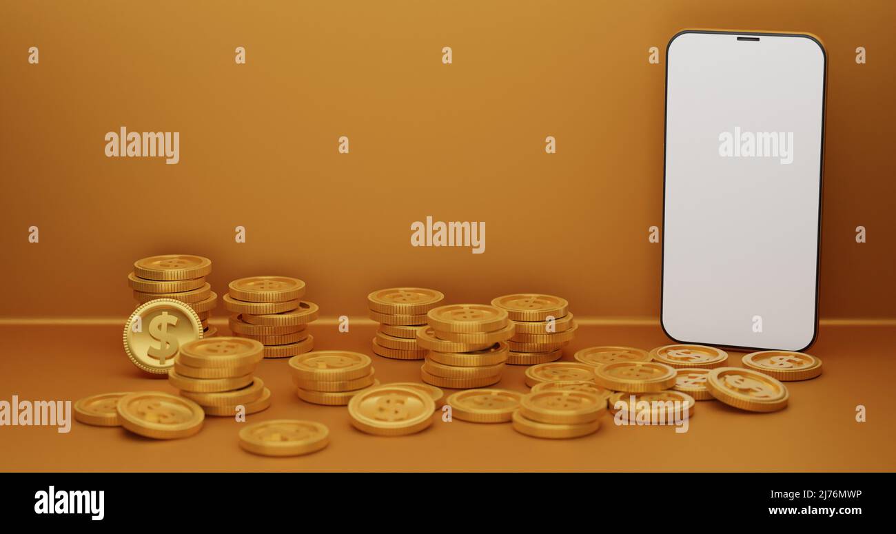 Gold dollar coin with phone on yellow background. Mobile banking and ...