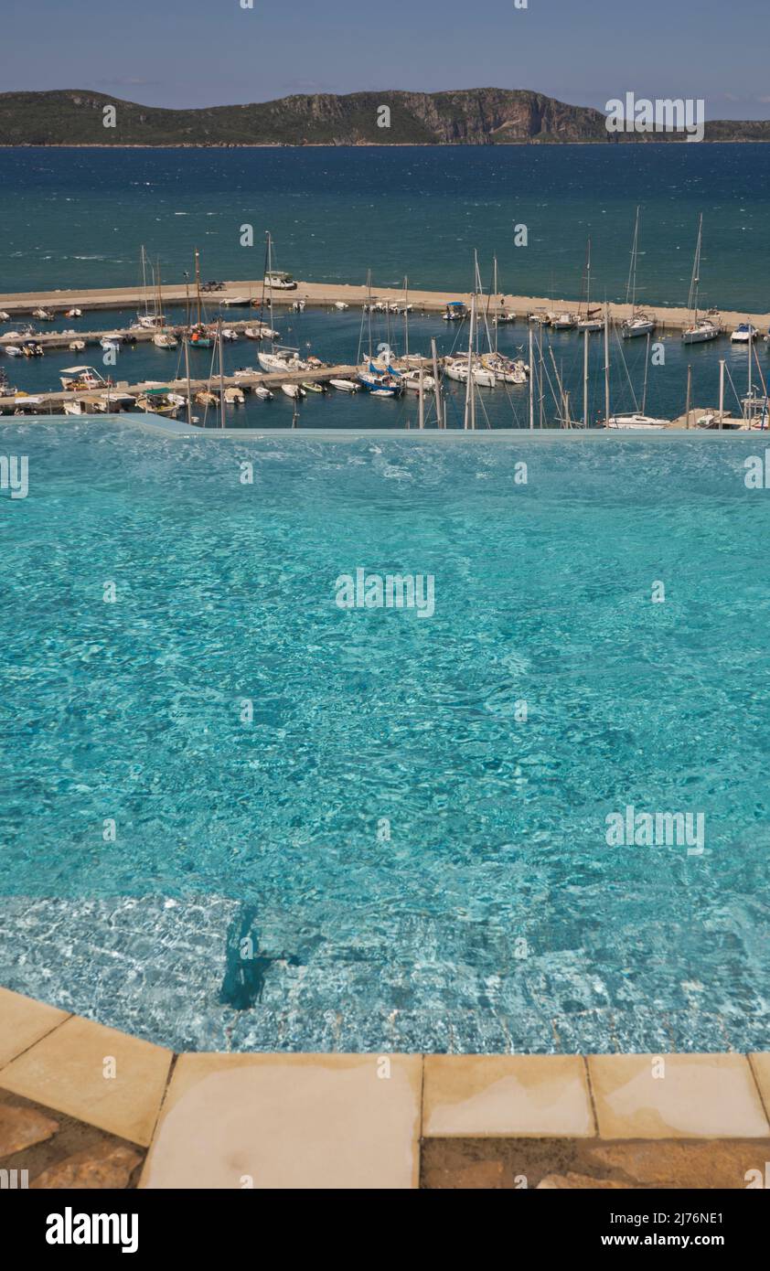 Views of an infinity swimming pool at a hotel by the harbour of Pylos ...