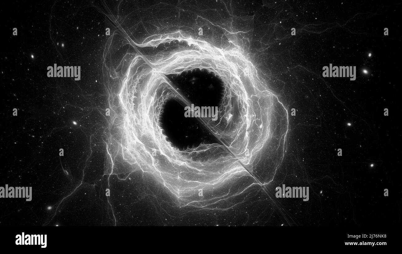Forming of accretion disk, computer generated black and white abstract ...