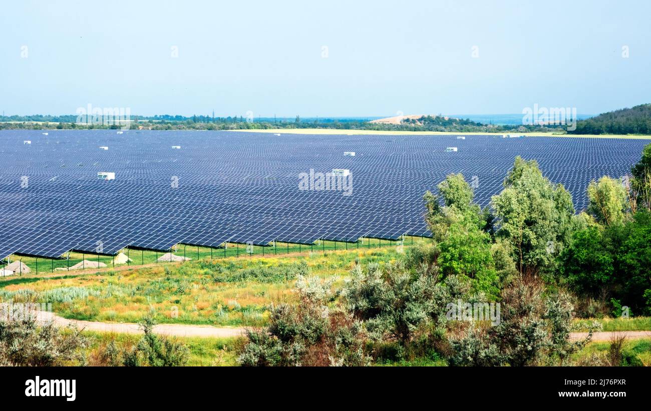 Panoramic view of photovoltaic power station, solar park, solar farm ...