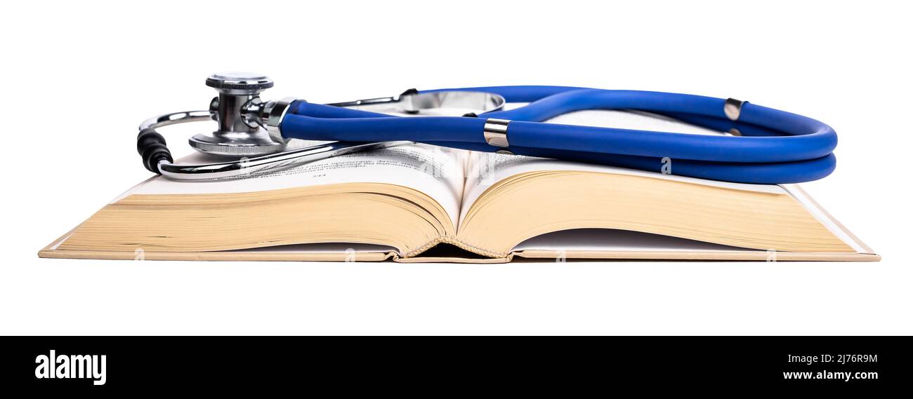 Medicine study concept. Open book with stethoscope isolated on white ...