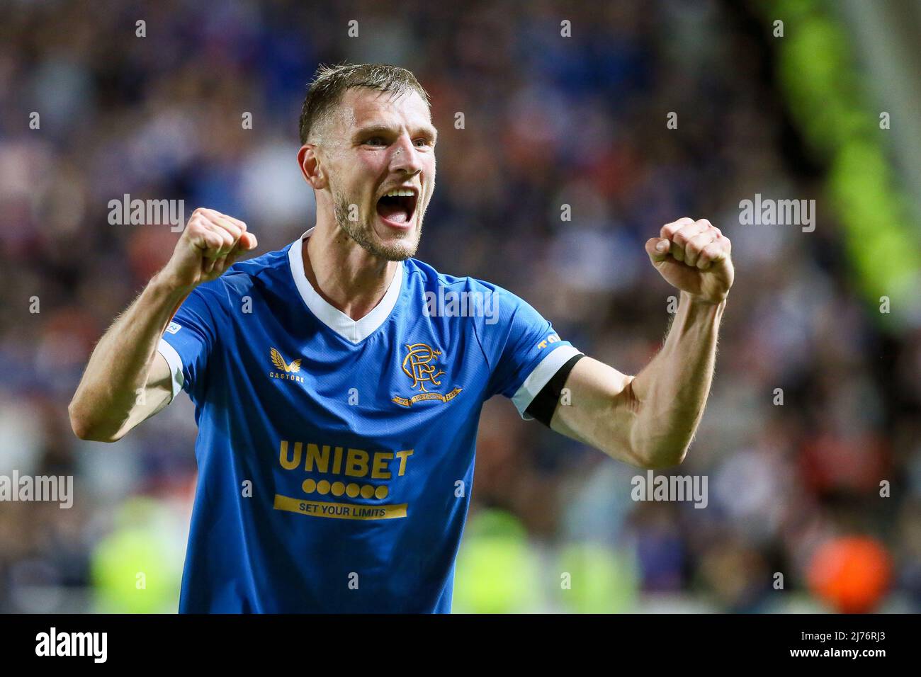 Borna Barisic, Rangers player celebrating the win over RB Leipzig in ...