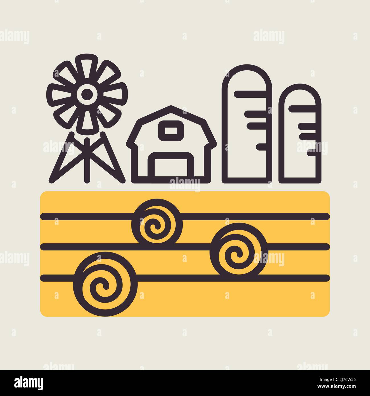 Farm landscape with barn, windpump, haystack and granary icon ...