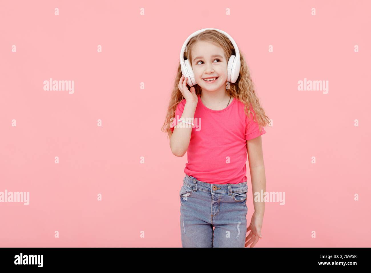cute sweet tender adorable girl listening to favorite song using ...