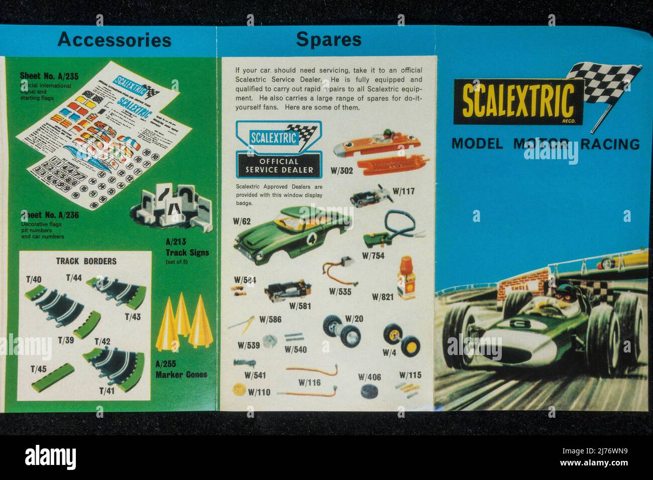 A Scalextrix Model Motor Racing leaflet showing kit available, a piece ...