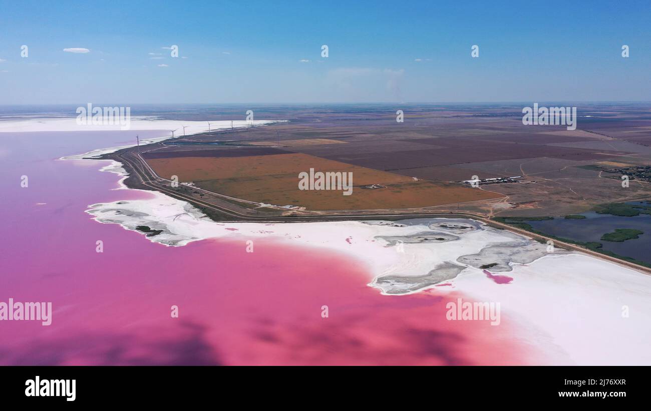 Aerial view of White salt on the shores of the island in Pink Island ...