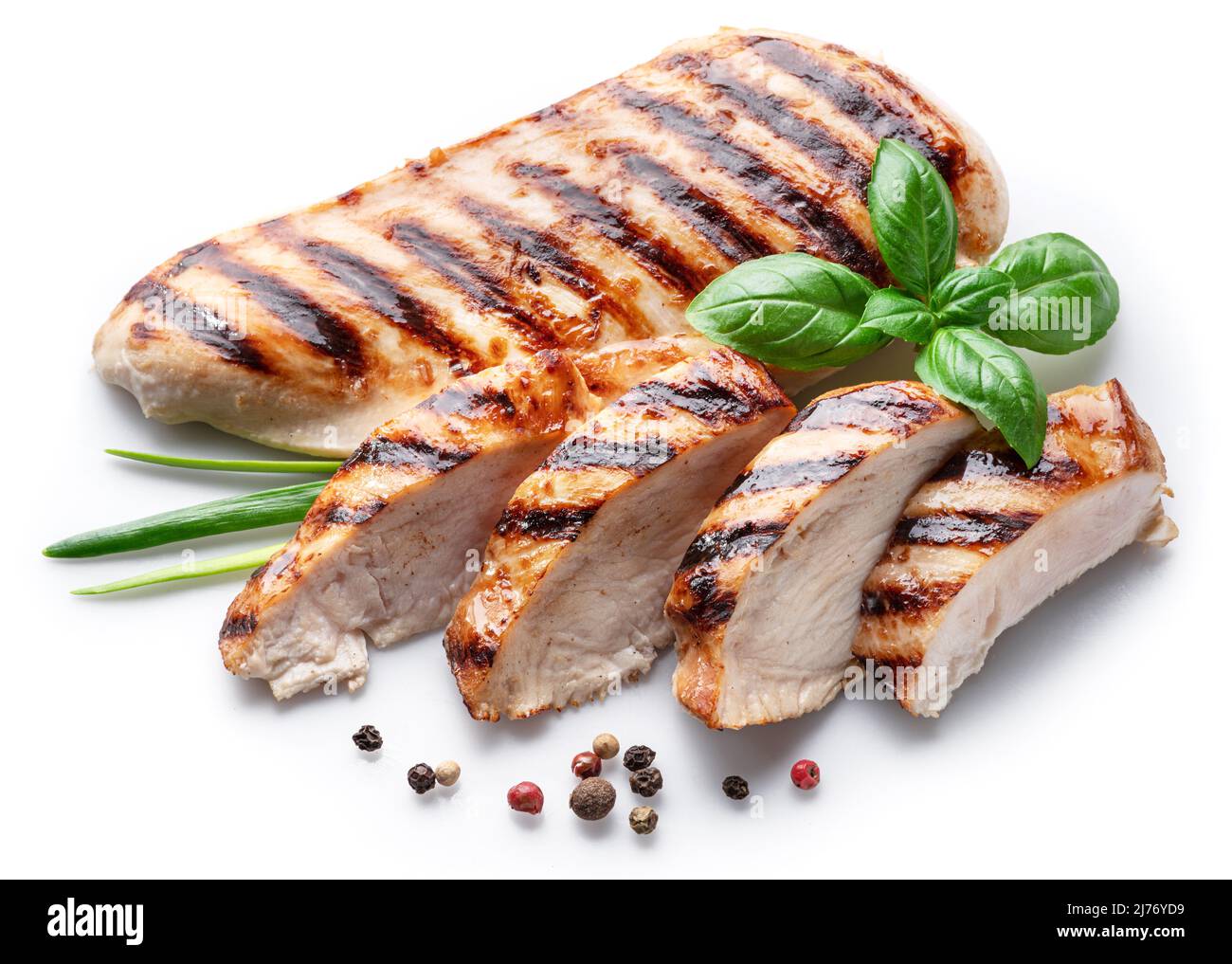 Grilled chicken fillet with herbs isolated on white background Stock ...