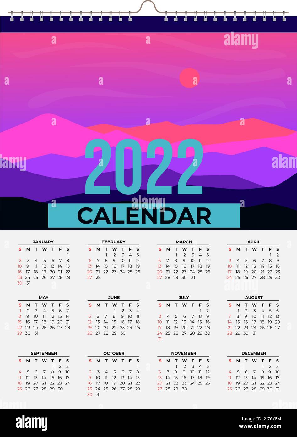 Serene Mountain Scenery With Sun New Year 2022 Calendar Template Stock ...