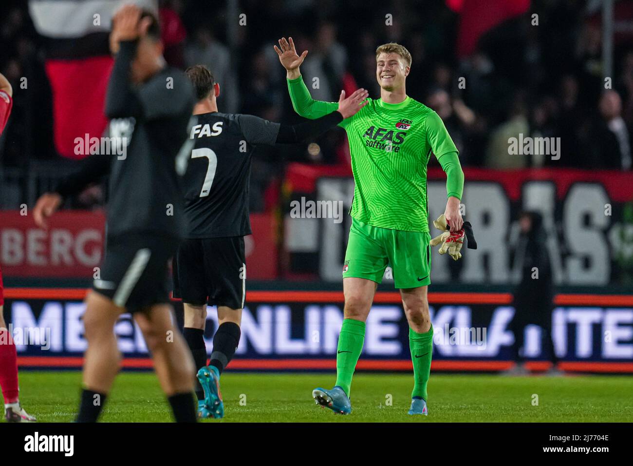 ALMERE, NETHERLANDS - MAY 6: Fedde De Jong of Jong AZ, goalkeeper Beau ...