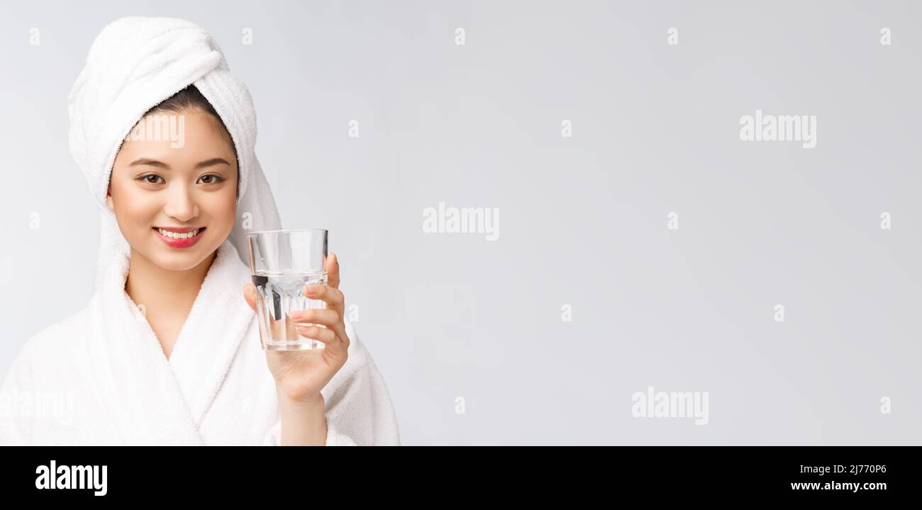 Healthy young beautiful woman drinking water, beauty face natural ...