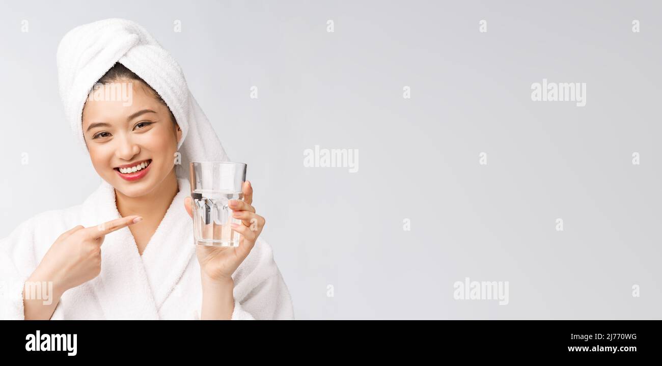 Healthy young beautiful woman drinking water, beauty face natural ...
