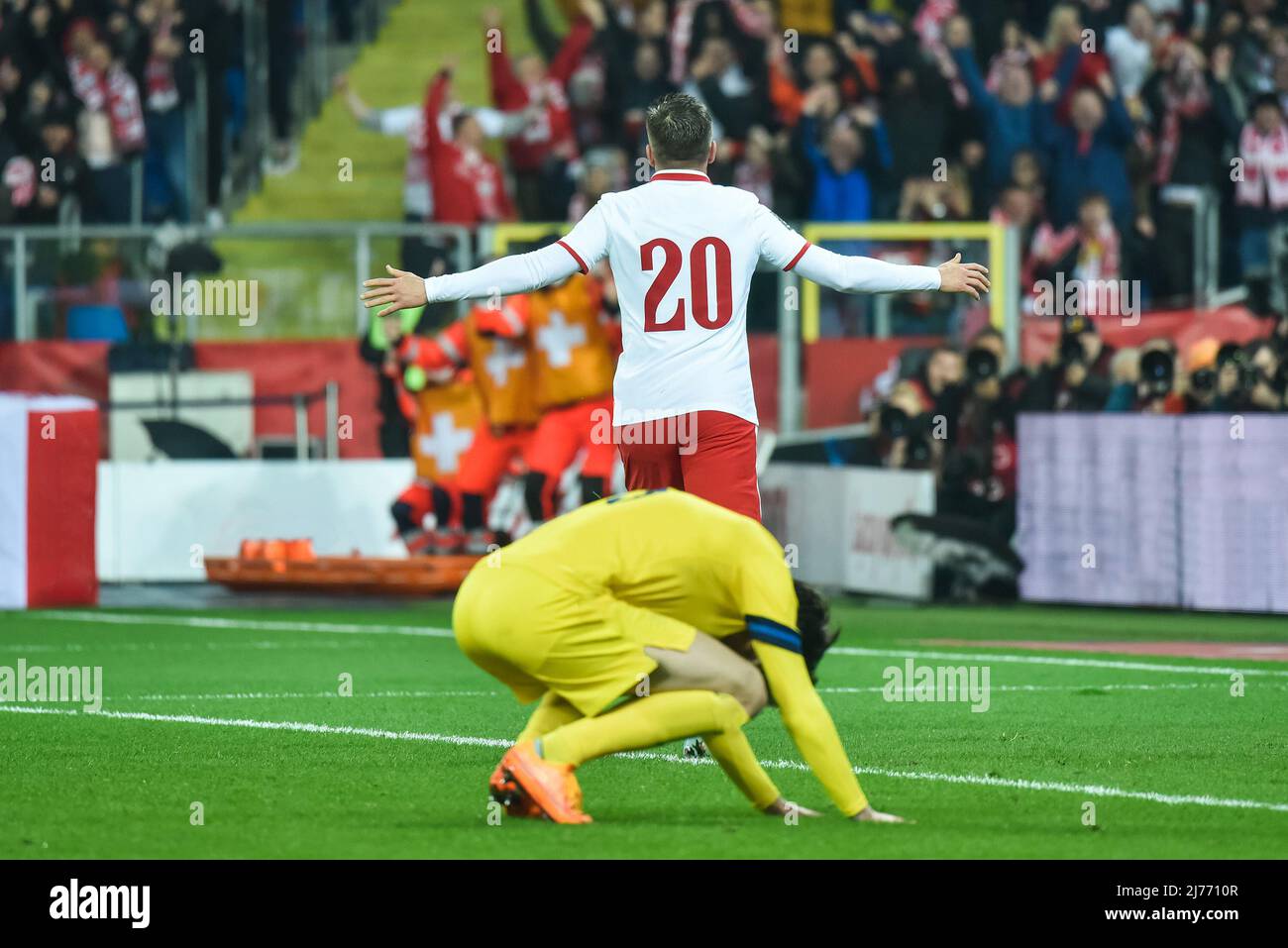 Joy and sad of football players after scoring goal during soccer match ...