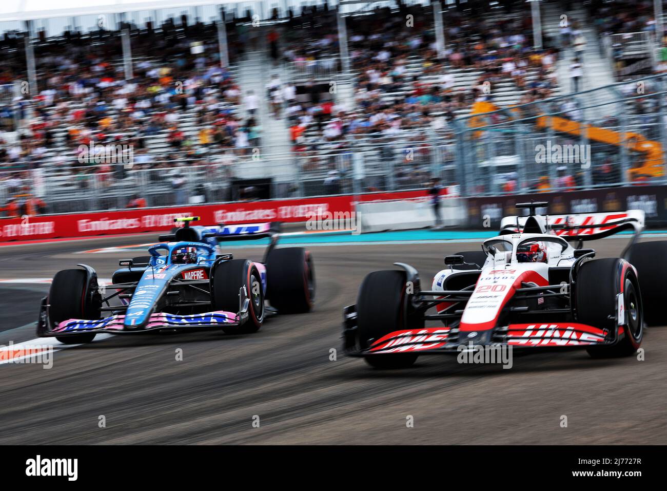 Esteban Ocon (FRA) Alpine F1 Team A522 and Kevin Magnussen (DEN) Haas VF-22. 06.05.2022. Formula ...
