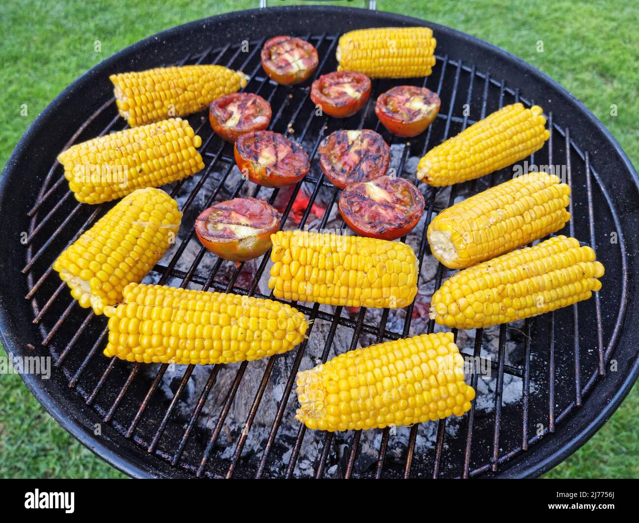 Ear of maize or corn and tomatoes on grill. Photo of vegetable on ...