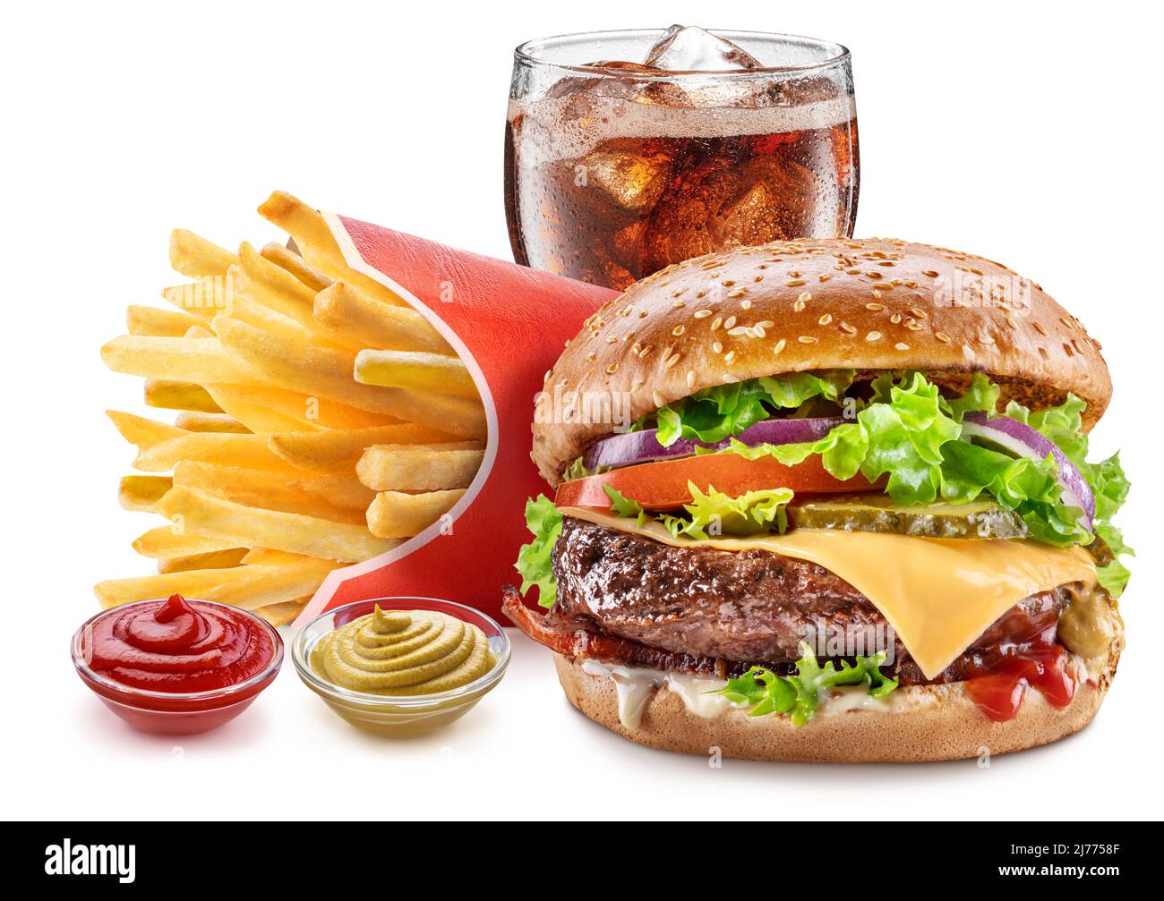 Delicious cheeseburger with cola and potato fries on the white ...