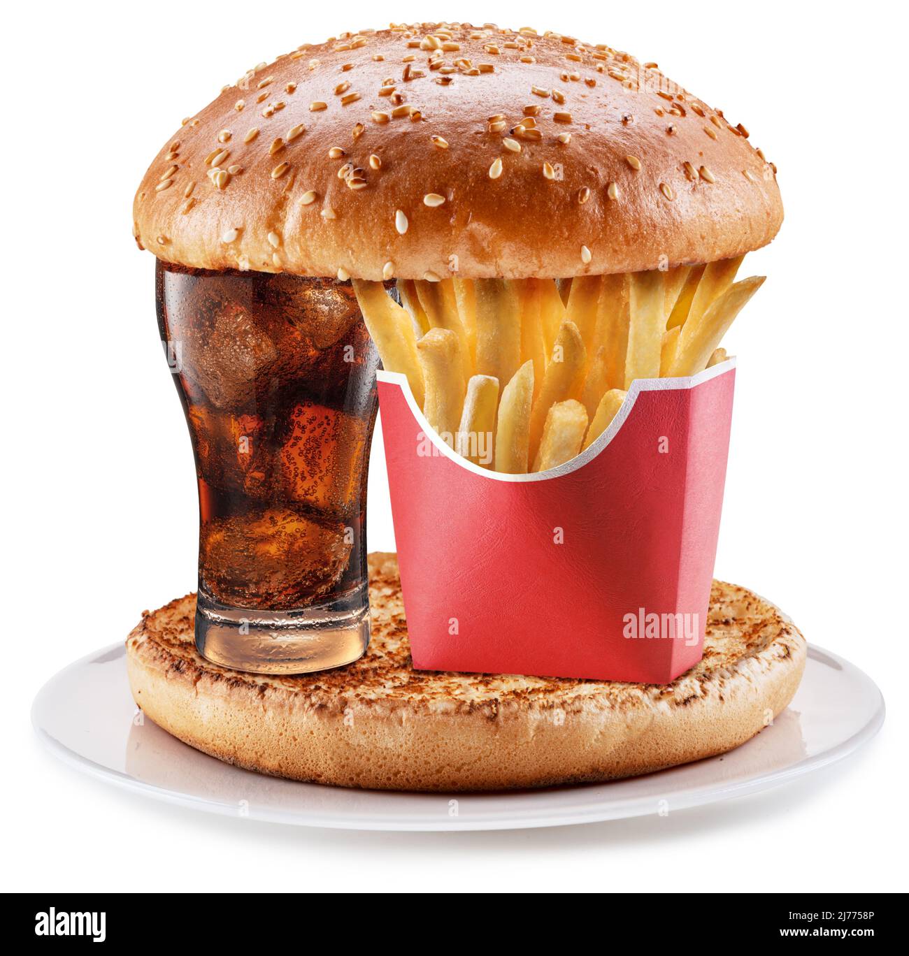 Glass of cola and potato fries between two parts of burger bun. Fast ...
