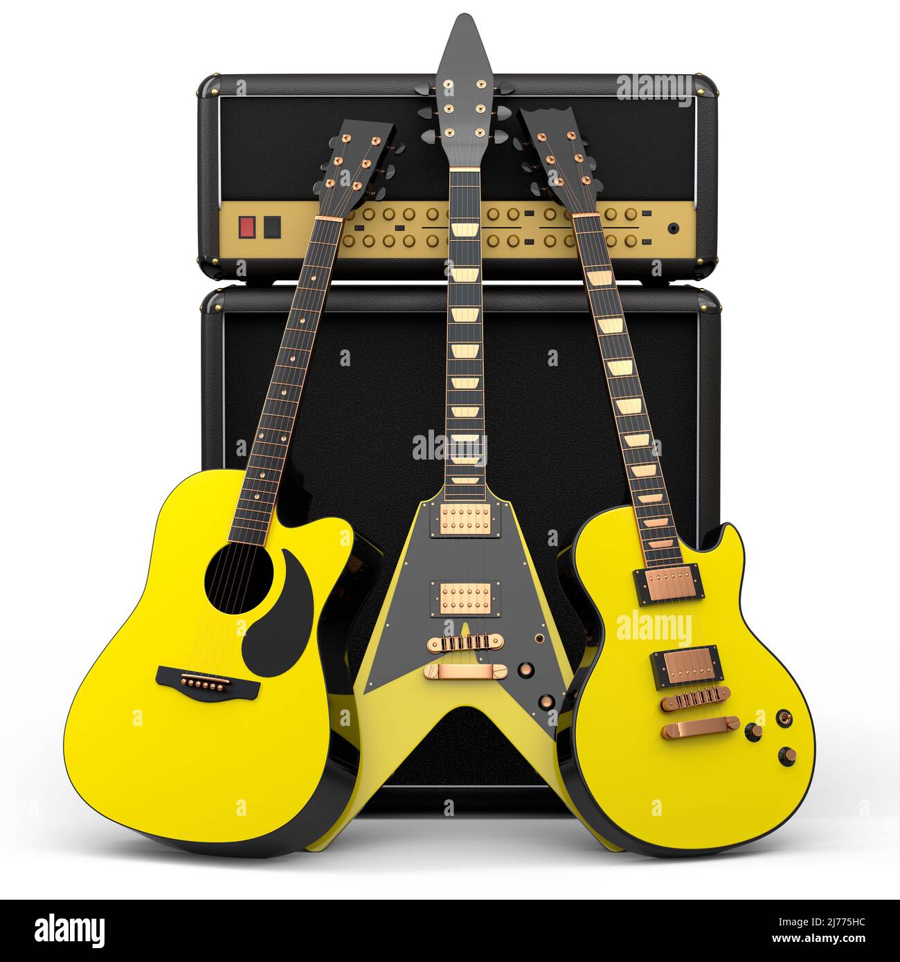 Set of electric acoustic guitar and amplifier on white background. 3d ...