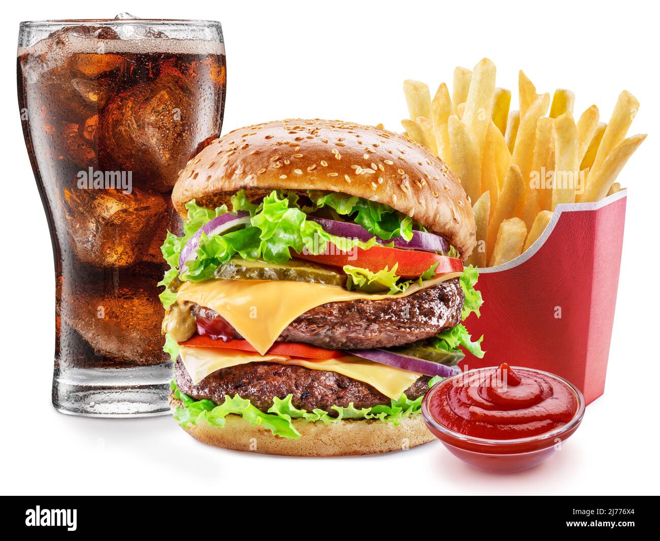 Delicious cheeseburger with cola and potato fries on the white ...