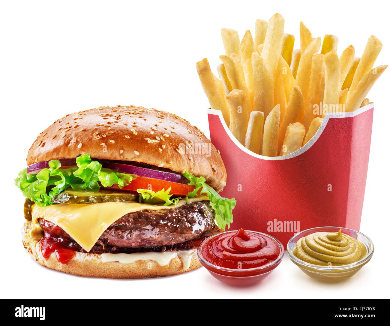 Delicious cheeseburger with cola and potato fries on the white ...