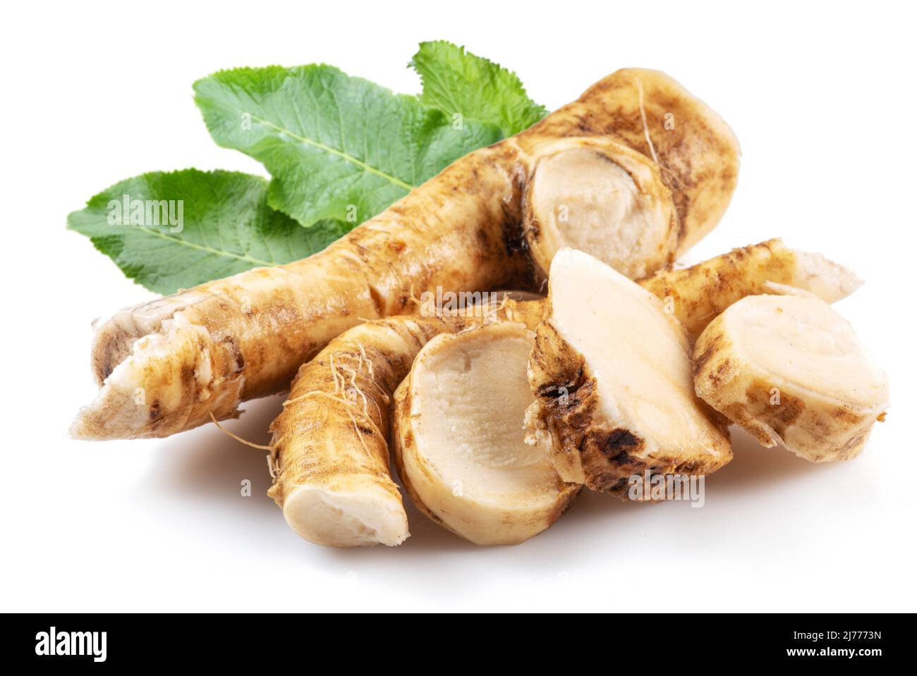 Horseradish roots and green leaves close up on the white background ...