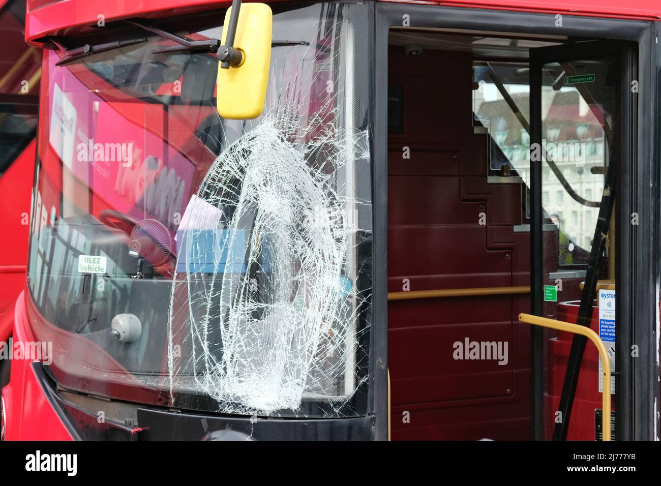 London, UK, 6th May, 2022. Damage to a bus windscreen after the vehicle ...
