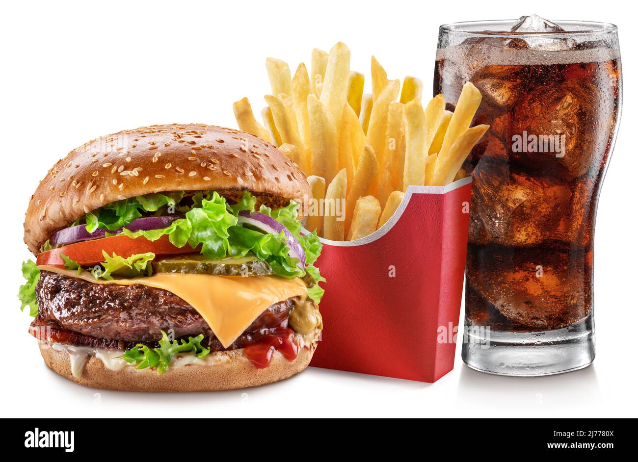 Delicious cheeseburger with cola and potato fries on white background ...