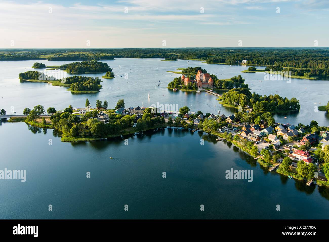 Aerial view of Trakai Island Castle and its surroundings, located in ...