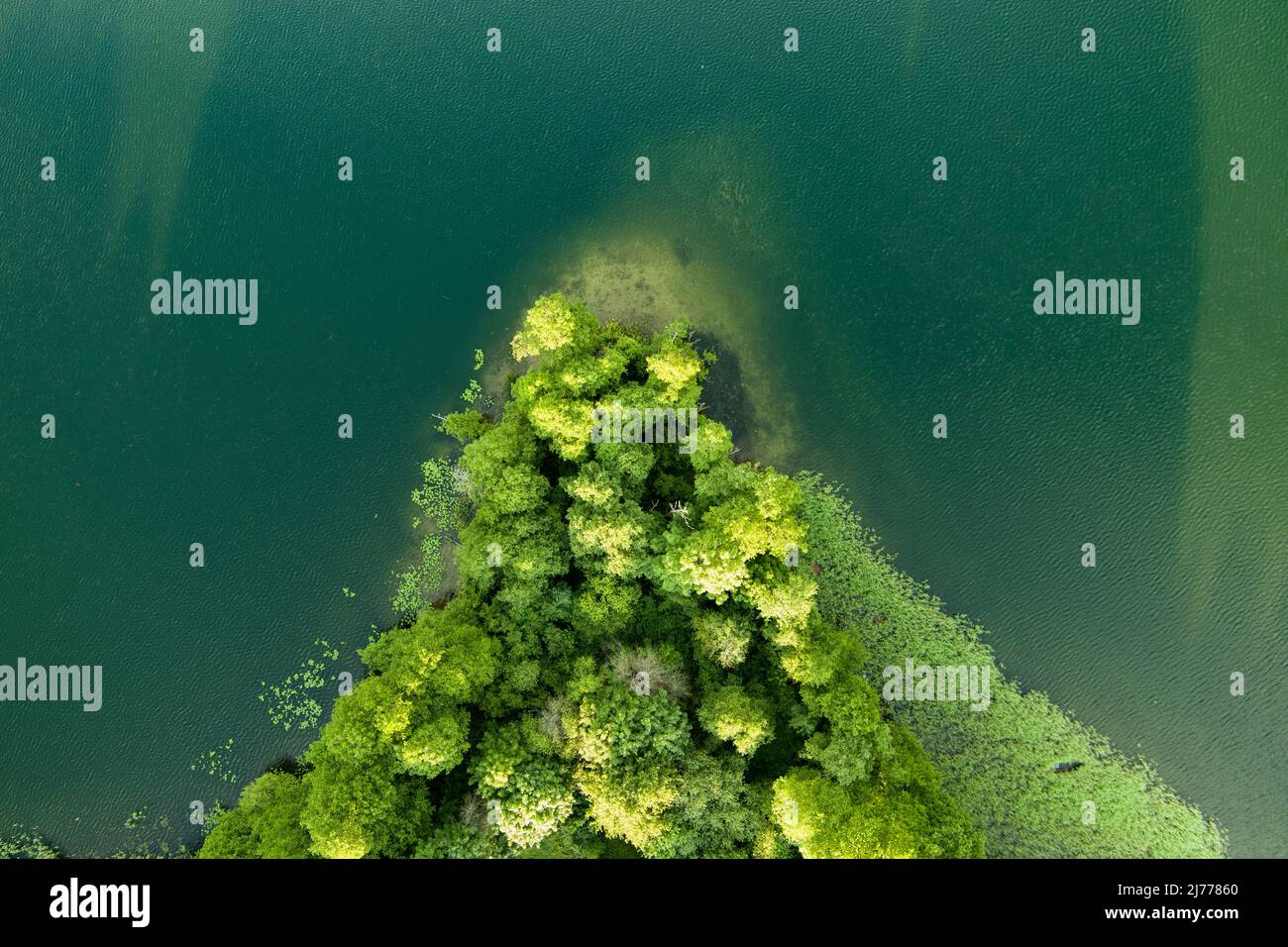 Beautiful top down aerial view of a lake in Moletai region, famous or ...