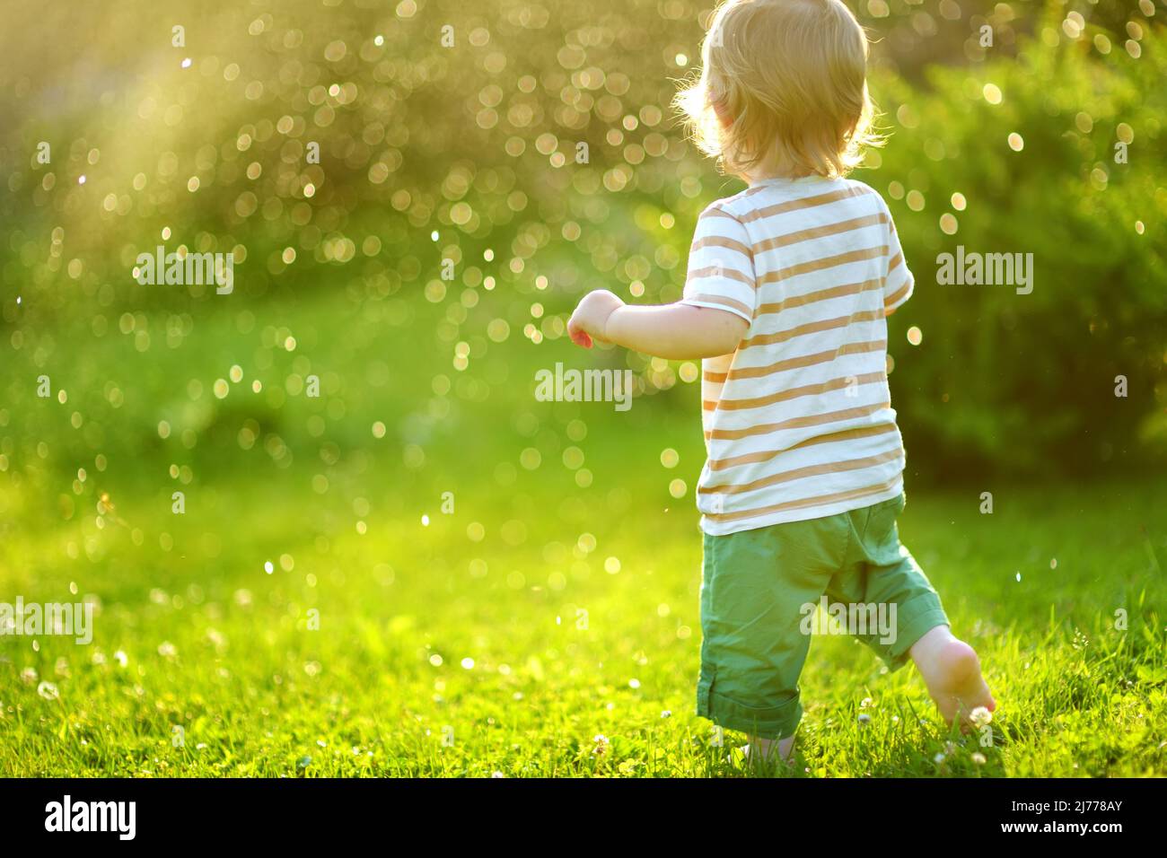 Funny toddler boy having fun outdoors on sunny summer day. Child ...