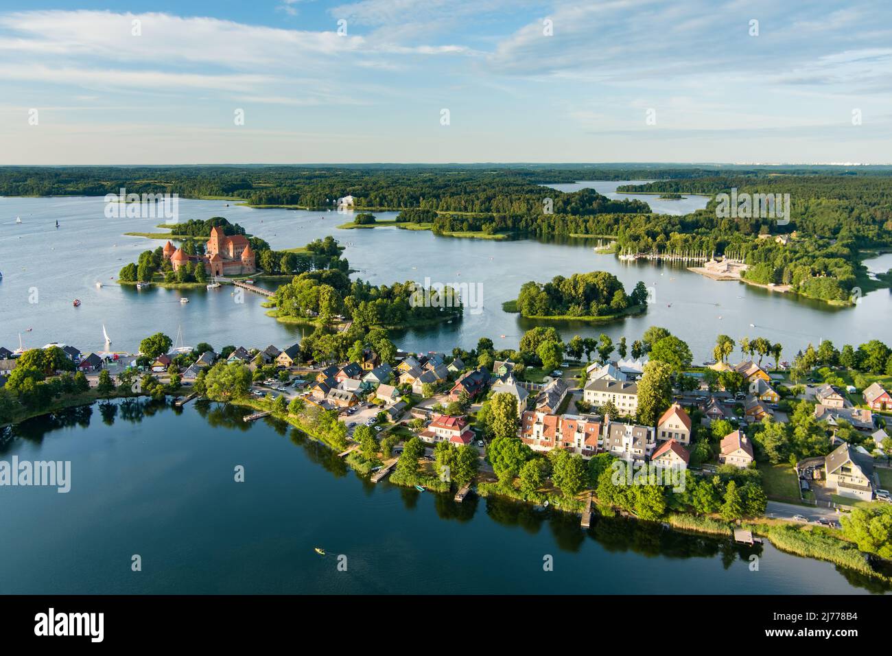 Aerial view of Trakai Island Castle and its surroundings, located in ...