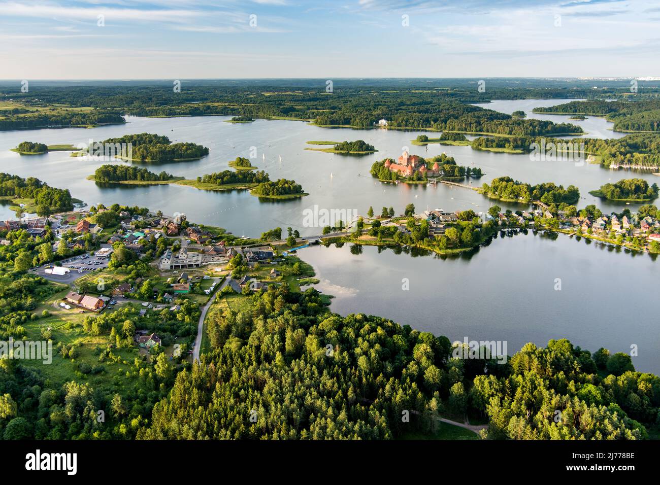 Aerial view of Trakai Island Castle and its surroundings, located in ...