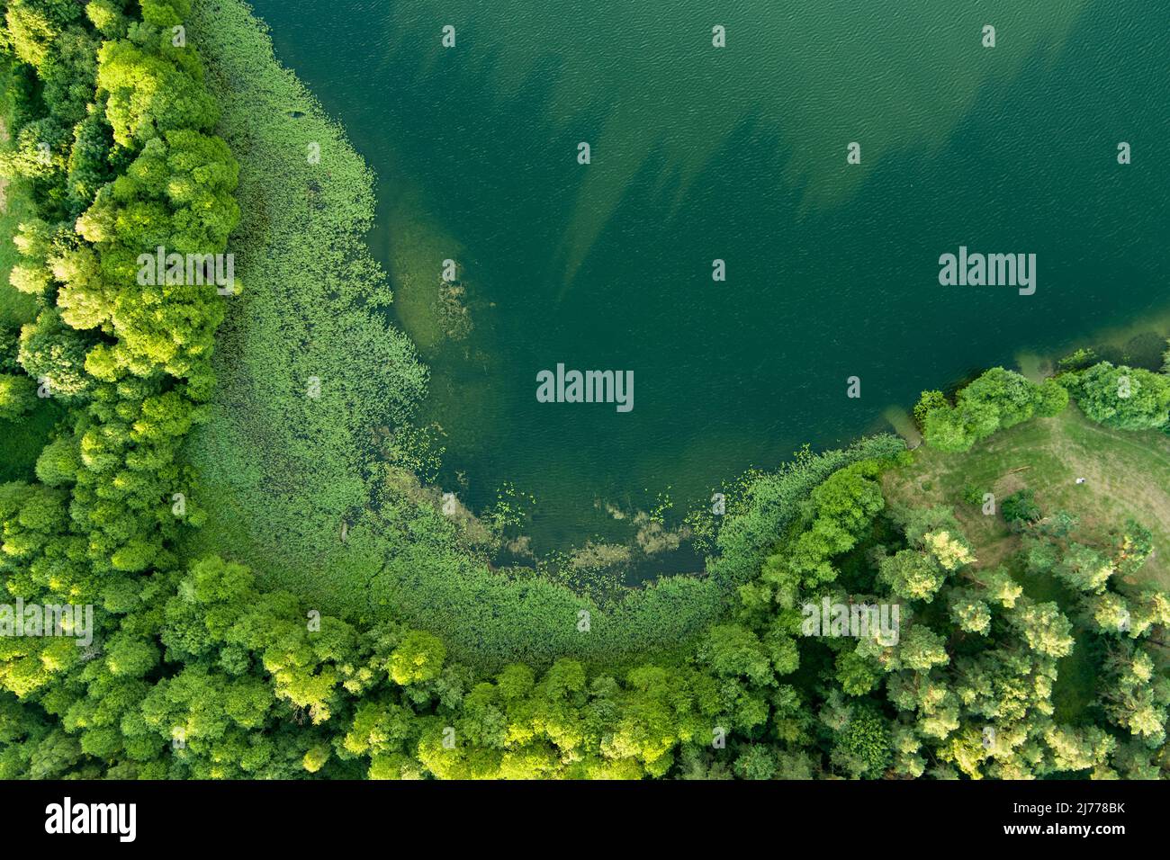 Beautiful top down aerial view of a lake in Moletai region, famous or ...