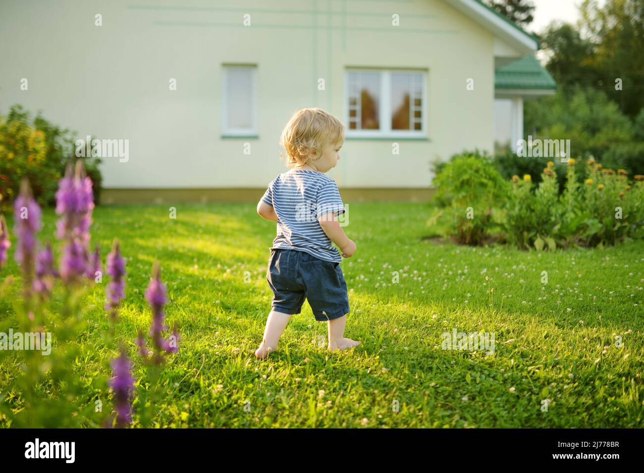 Funny toddler boy having fun outdoors on sunny summer day. Child ...