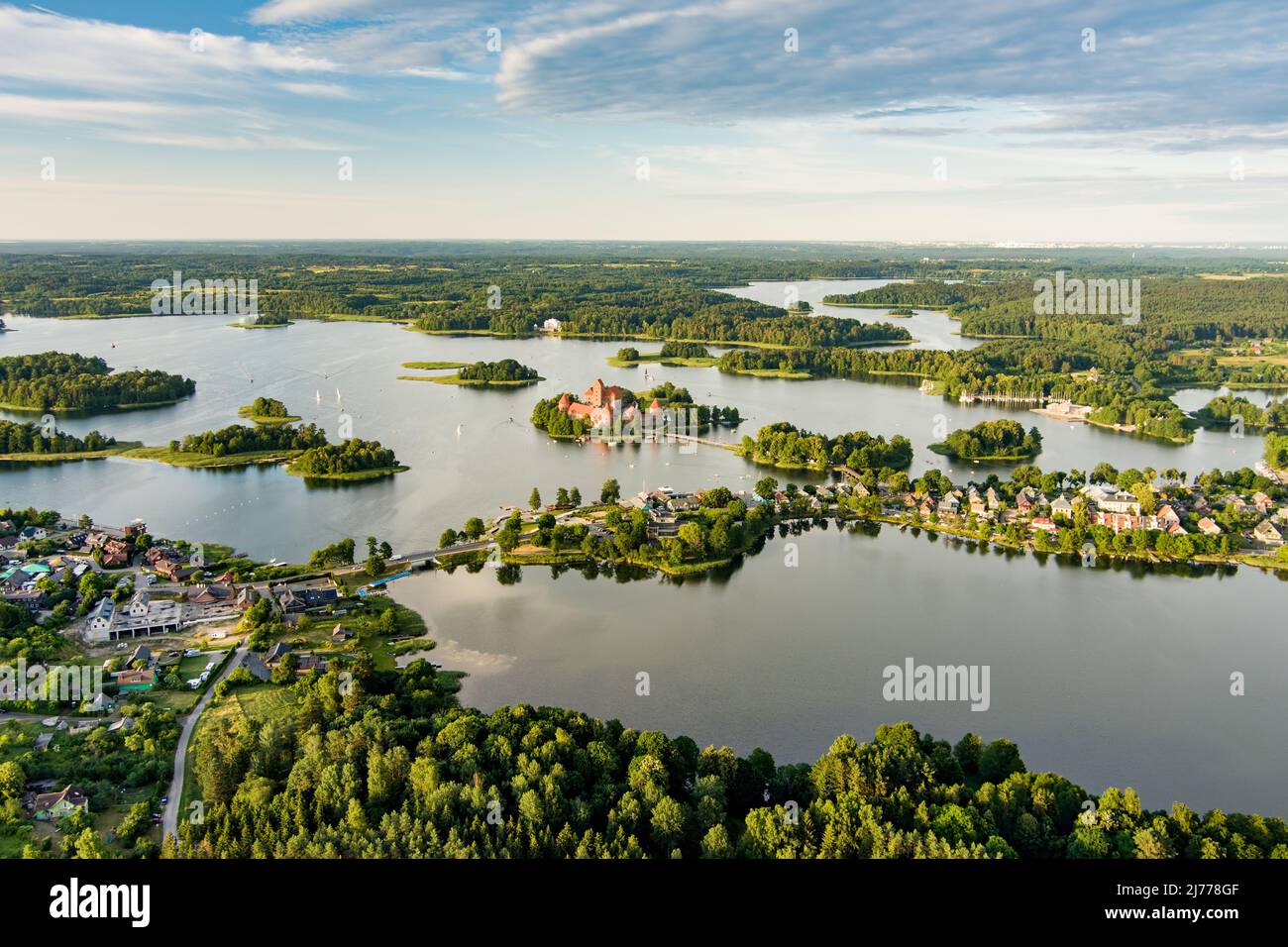 Aerial view of Trakai Island Castle and its surroundings, located in ...