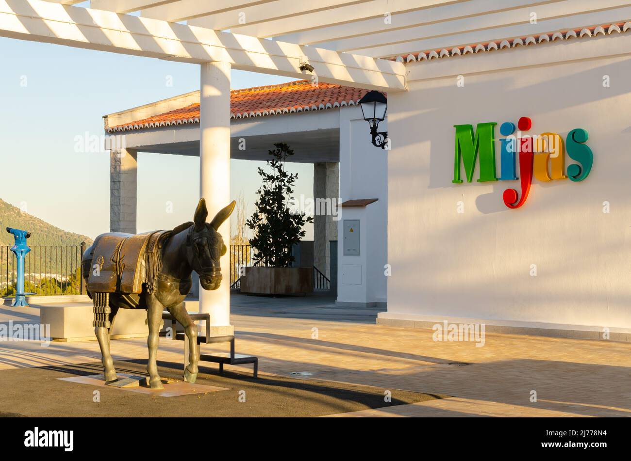 MIJAS, SPAIN - 01 MARCH 2022 A donkey statue, a symbol of the village ...