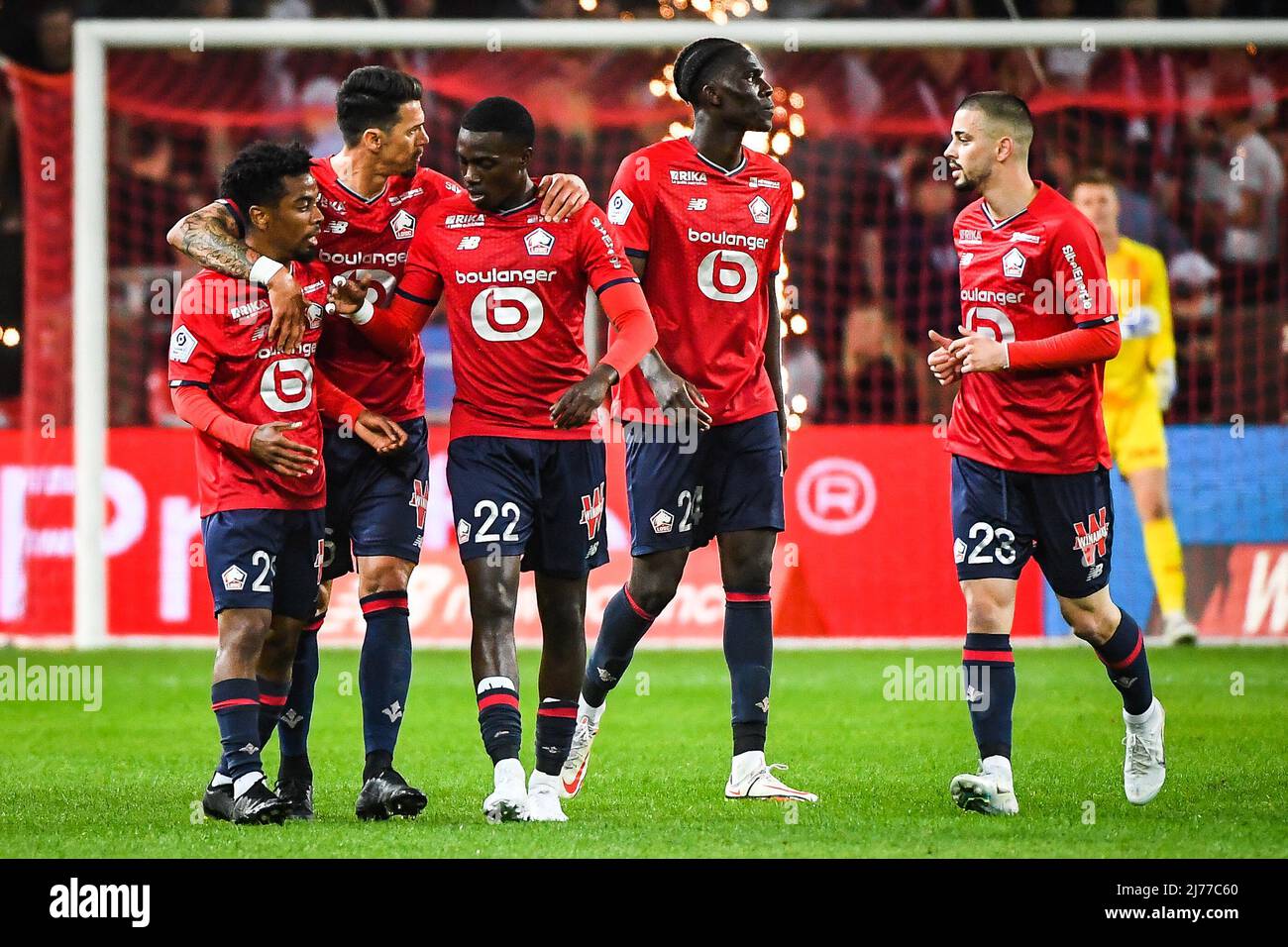 Angel GOMES of Lille celebrate his goal with teammates during the ...