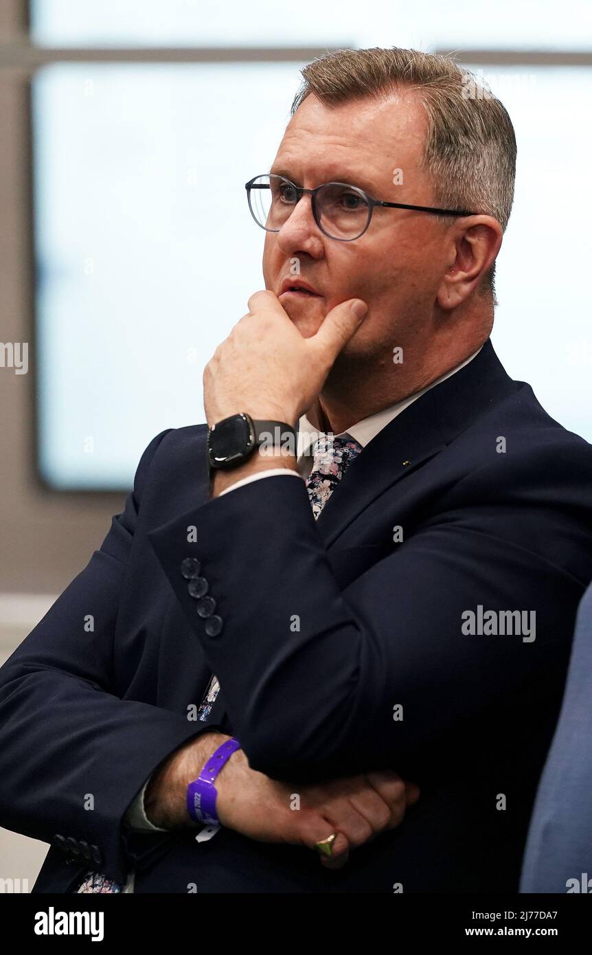 DUP leader Sir Jeffrey Donaldson at Ulster University Jordanstown count ...