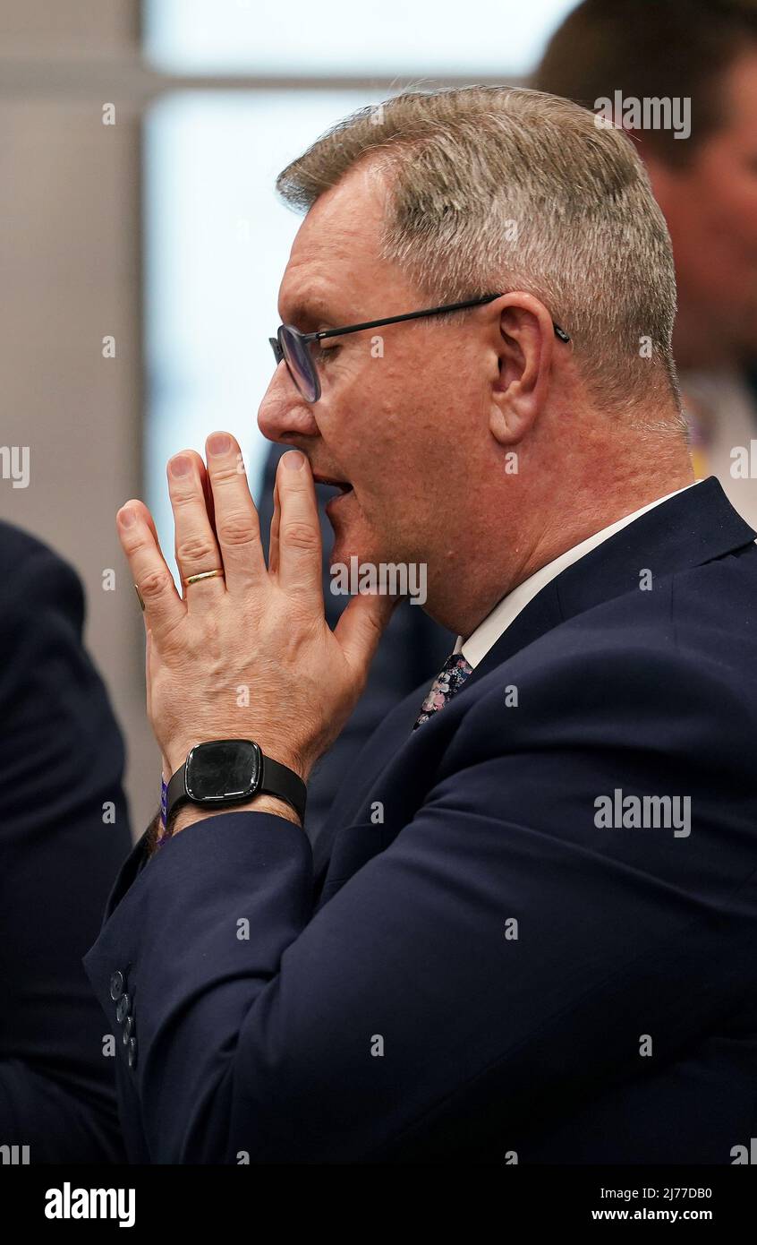 DUP leader Sir Jeffrey Donaldson at Ulster University Jordanstown count ...