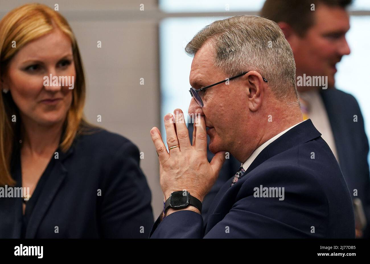 DUP leader Sir Jeffrey Donaldson at Ulster University Jordanstown count ...